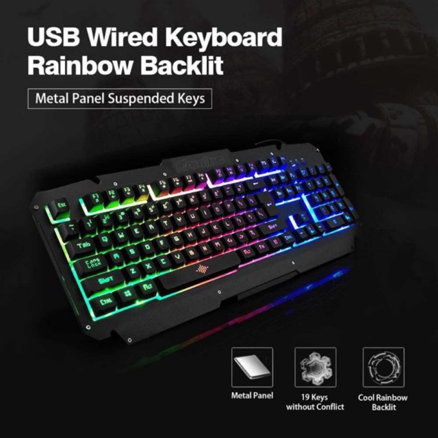 USB Wired Keyboard Rainbow Backlit with Metal Panel Suspended Keys for ...