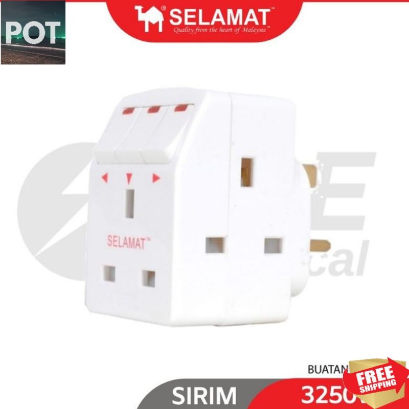 Selamat 3 Way 3250 Watts Tiga Plug Socket Multi Adaptor Extension Dengan Led Neon Switch Sirim