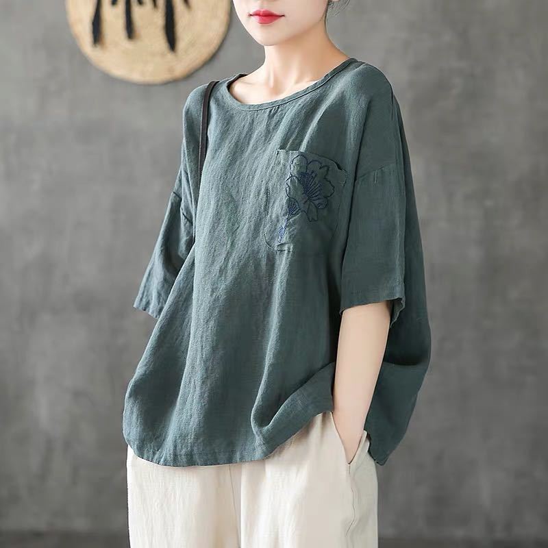 Cotton Plus Size Flower Embroidery Blouse Women's Short Sleeve Loose ...