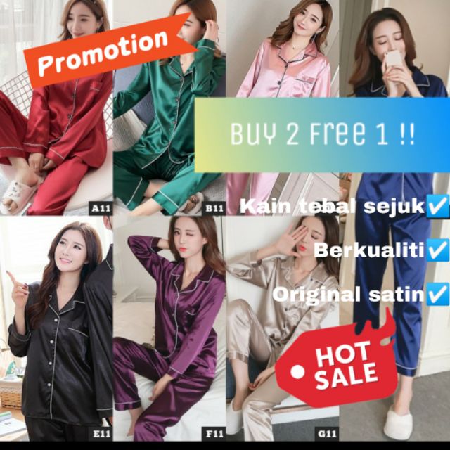 Sleepwear Pyjamas Long Sleeve Pajamas Dress Baju Tidur (KAIN SATIN ...