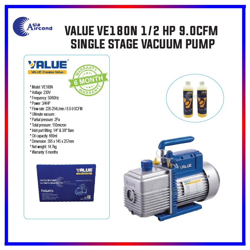 VALUE SINGLE STAGE VACUUM PUMP 1/2HP 9CFM (VE180N) | Shopee Malaysia
