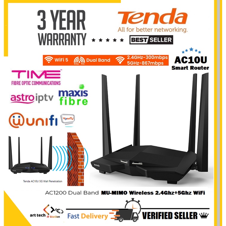 Tenda AC10U Gigabit AC1200 MU-MIMO Wireless 2.4Ghz+5Ghz WiFi Dual Band Smart Router | UniFi ...