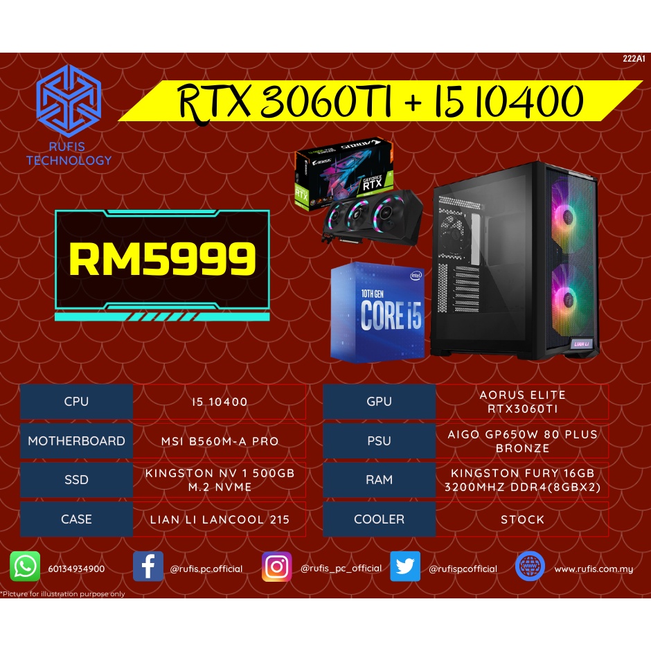 RUFIS Custom Gaming PC Package (INTEL i5 10400 / RTX 3060 Ti / 16GB RAM ...