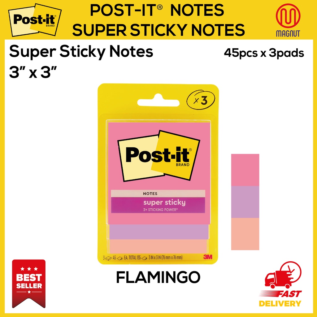 3M Post-it® Super Sticky Notes Tri-Colour 3" x 3"- Re-stickable ...
