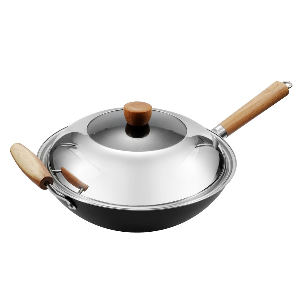 La gourmet BluSteel 32 x 10cm Round Bottom Carbon Steel Stirfry Wok ...