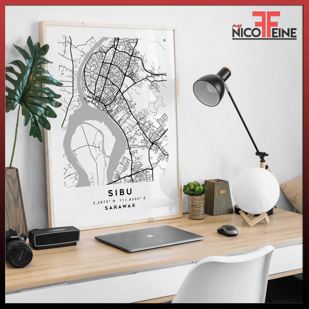 [Poster Only] Sibu Sarawak Minimal Map Black and White Travel Tourism ...