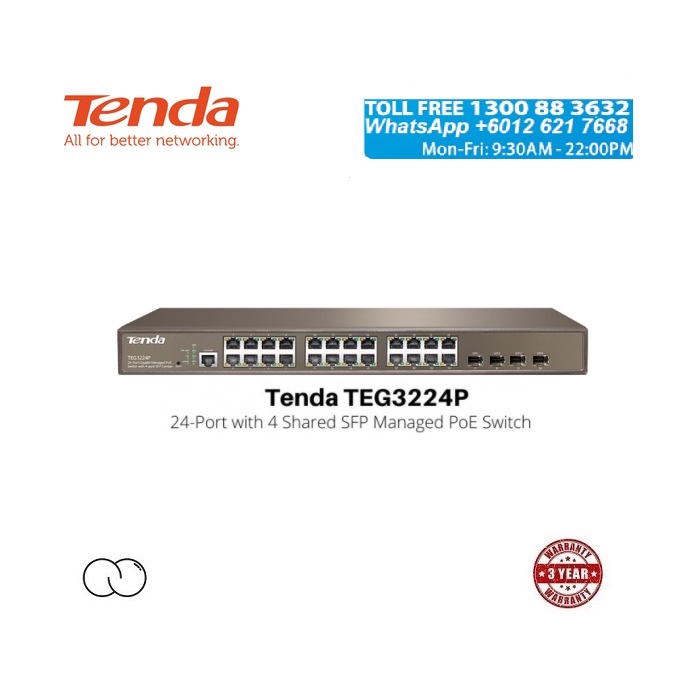 TENDA 24-Port with 4 Shared SFP Managed PoE Switch / Gigsbit RJ45 / 24 ...