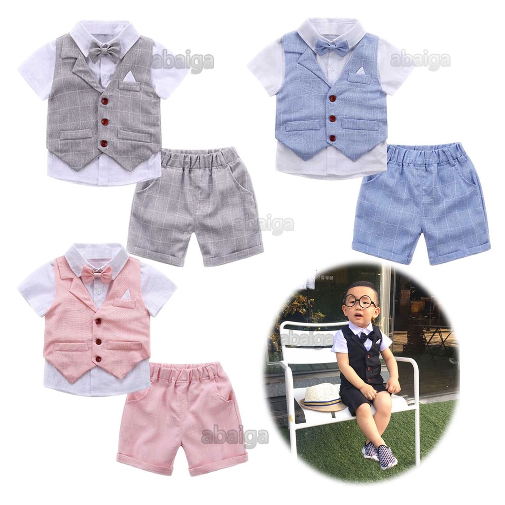 4pcs Boys Clothes Short Sleeve Plaid Vest Shorts White Shirt with Bow ...