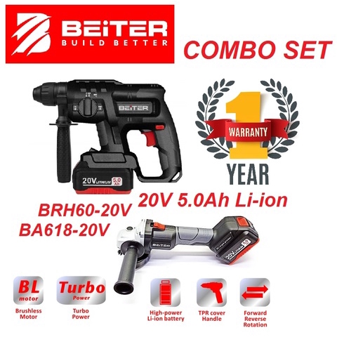 Beiter 20V Brushless Cordless Combo Rotary Hammer & Angle Grinder ...