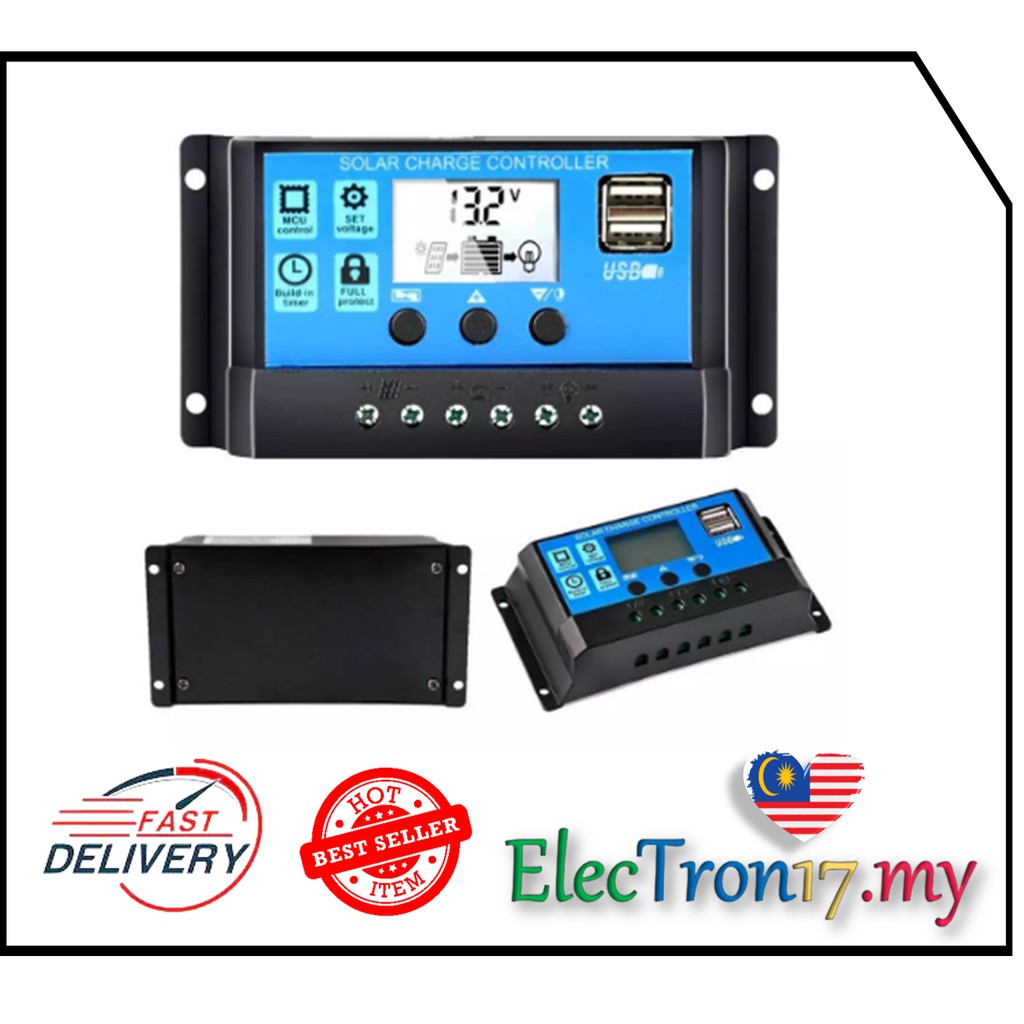 PWM Solar Charger Controller 12v/24v 10A 20A 30A 40A 50A 60A with USB Output Charger 5v | Shopee ...