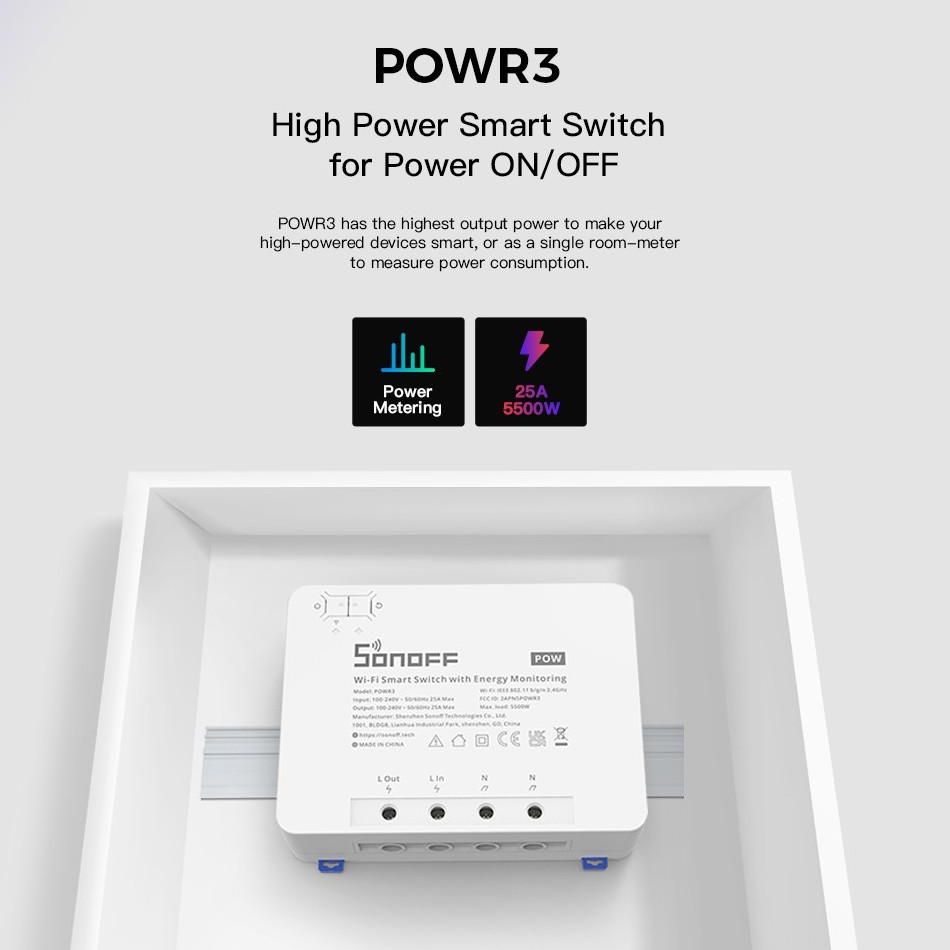 SONOFF POWR3 High Power Smart Switch 25A/5500W Measuring Power ...