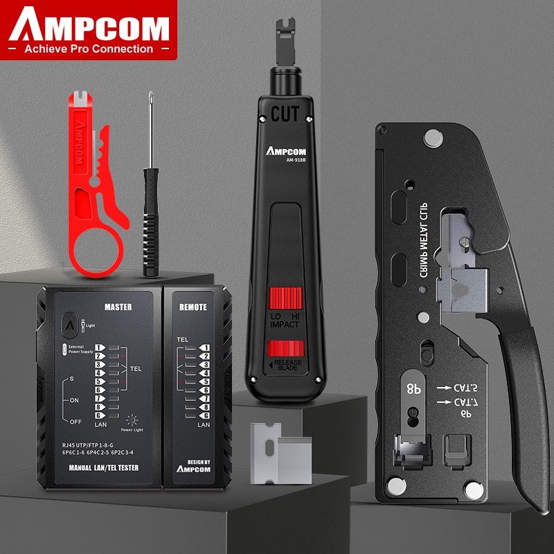 AMPCOM 12 In 1 RJ45 Crimper LAN Tester Tool Set Ethernet Cable Stripper ...