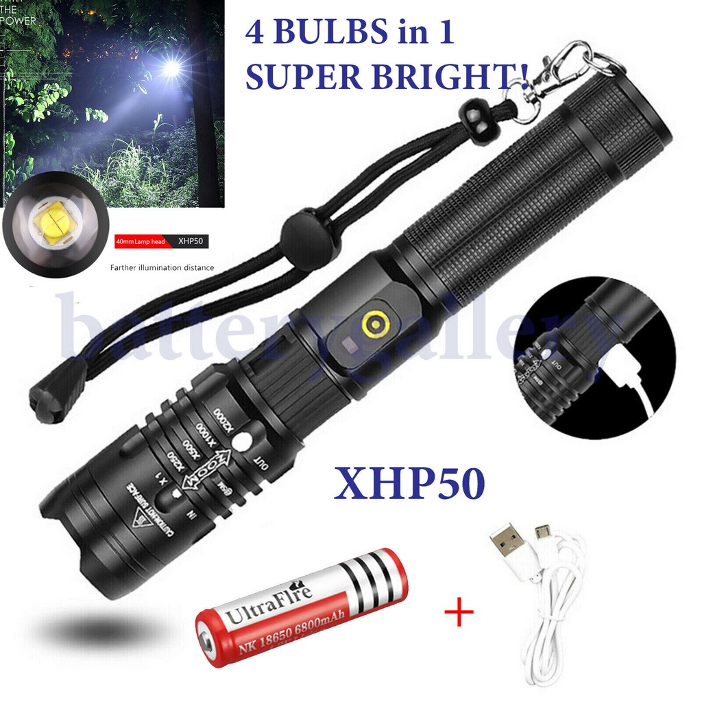 XHP50 Flashlight Zoomable 990000Lumens Rechargeable USB Torch Super ...