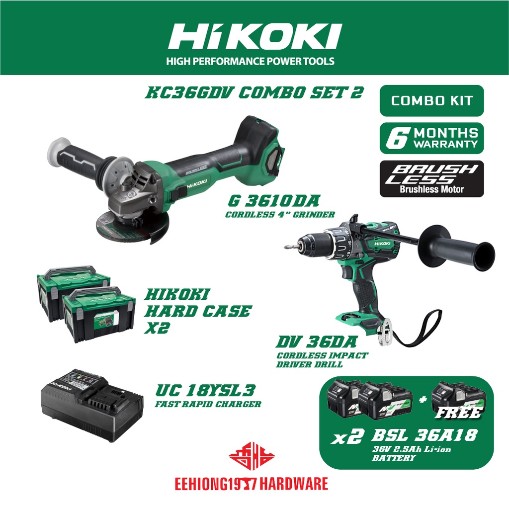 HIKOKI HITACHI KC36GDV Combo DV36DA Cordless Impact Drill Driver G3610DA Cordless 4" Angle ...