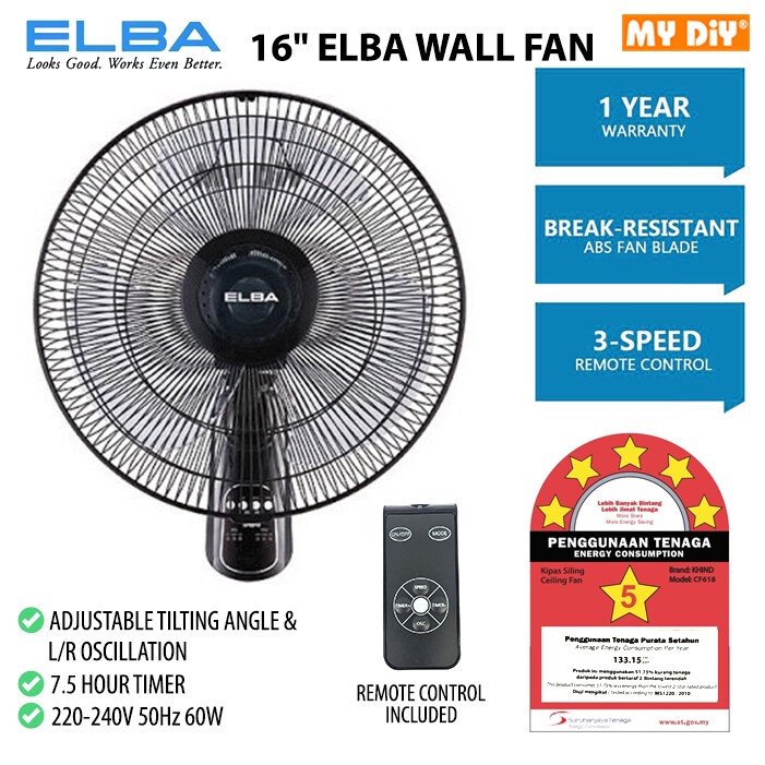 MYDIYHOMEDEPOT - 16 inch ELBA Wall Fan Remote Control Wall Fan 3 Speed ...