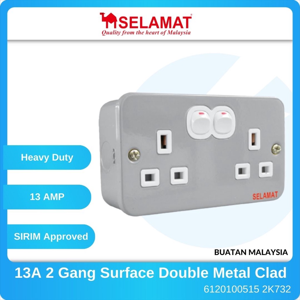 SELAMAT 2K732 13A 2 Gang Surface Double Metal Clad Switch Socket Outlet SIRIM 13AMP 3 Pin Heavy ...