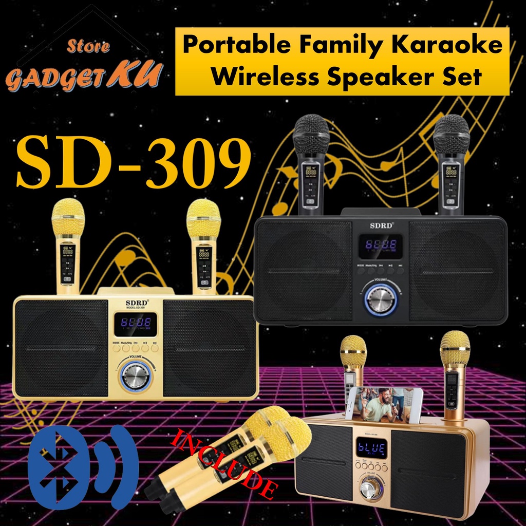 SDRD SD-309 SD309 Dual 2 Wireless Microphone & Speaker Portable 3D Bluetooth Speaker Mobile ...