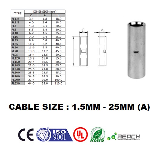 CABLE LINK 1.5MM - 25MM 铜管接线端子 (PVC CABLE, TRS CABLE, AMOURED & etc ...