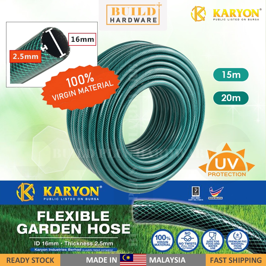 KARYON 15m/20m x 2.5mm Reinforced PVC Flexible Garden Hose Green Getah ...