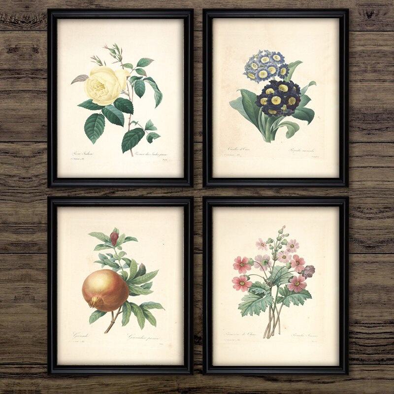 Classic Retro Botanical Canvas Painting Vintage Ancient Botany Flower ...