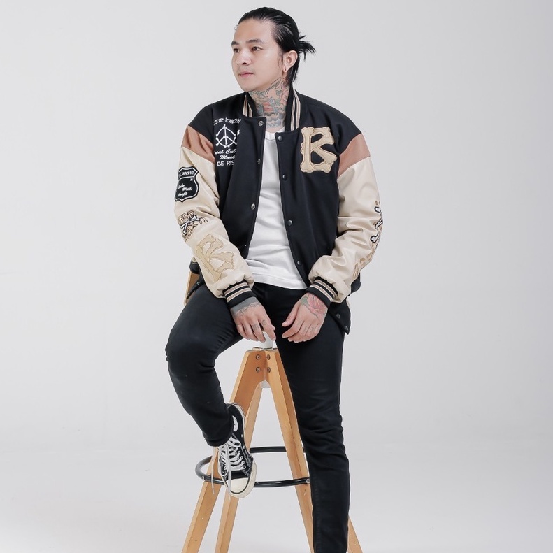 HITAM Varsity Jacket BLACK CREAM Premium Men's Varsity Jacket BLACK ...