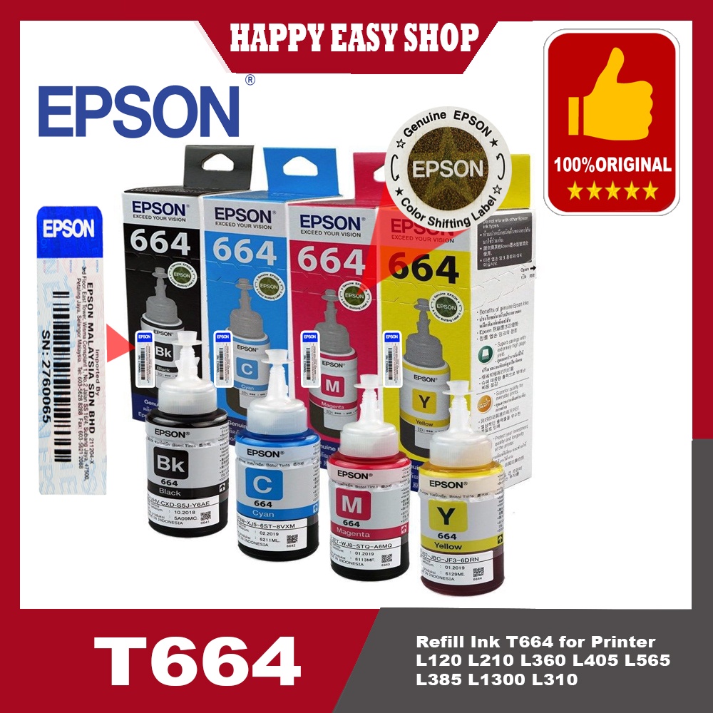 Official Epson T664 70ml Refill Ink L120 L210 L360 L405 L565 L385 L1300 ...