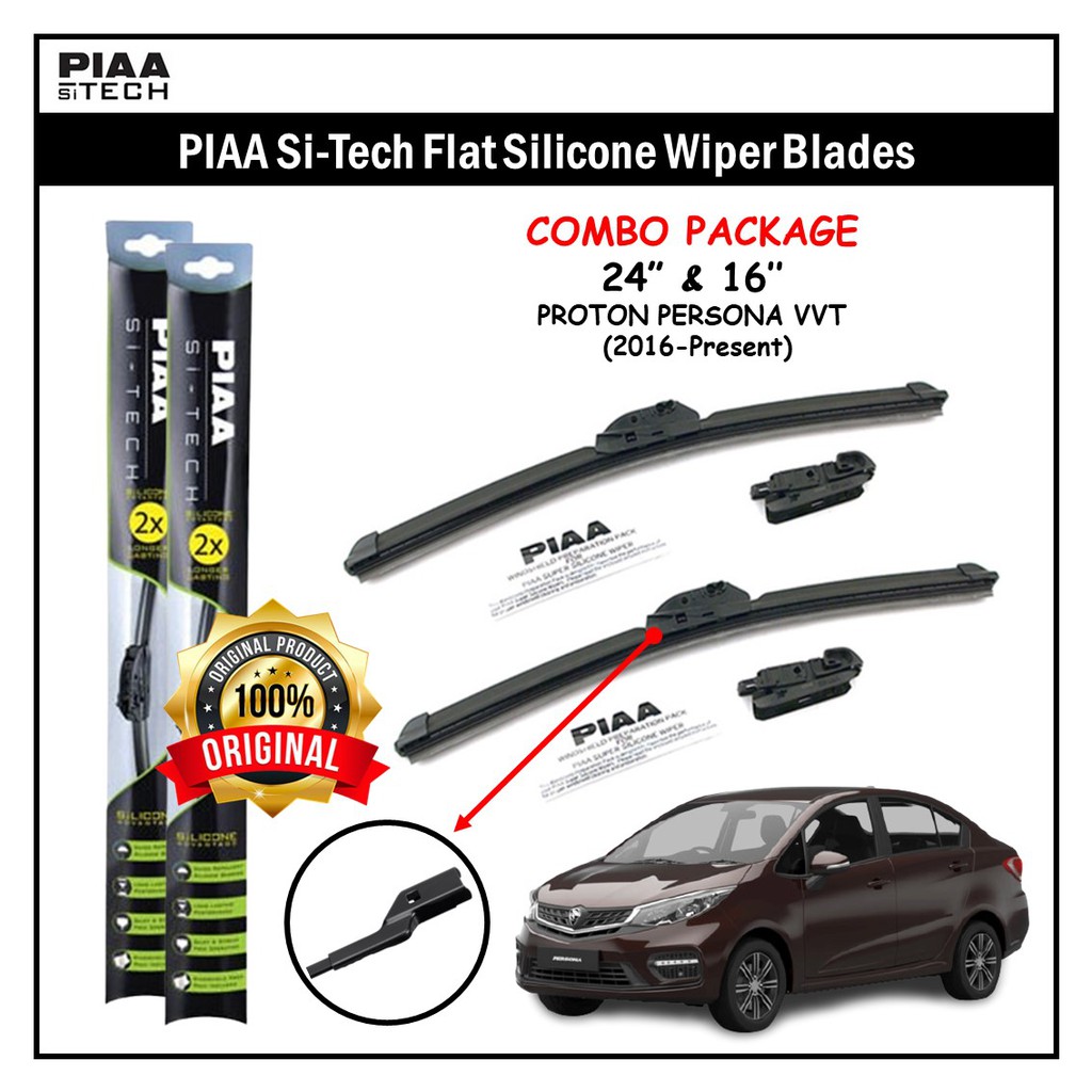 PIAA Si-Tech (Silicone Techonology) Flat Silicone Wiper Blade Combo 24"/16" For Proton Persona ...