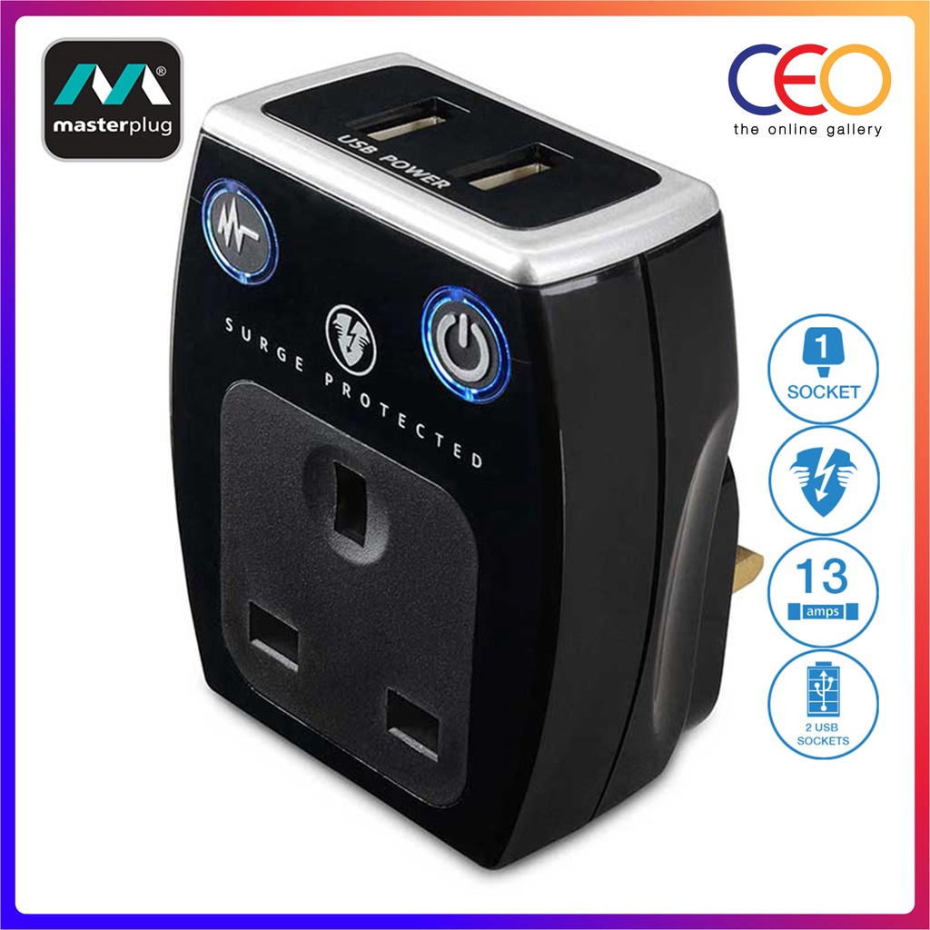Masterplug Surge Protector 1 Gang 2 USB 3.1A Power Adaptor Safety ...