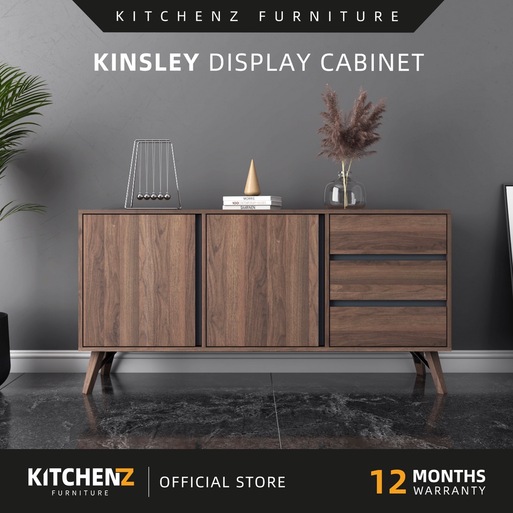KitchenZ Kinsley Series Display Cabinet with 3 Drawers Storage Cabinet ...
