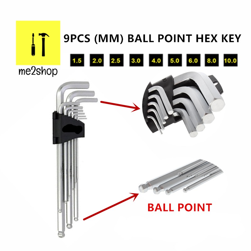 9 PCS BALL POINT HEX KEY SET /ALLEN KEY SET (MM) (1.5MM~10MM) | Shopee ...