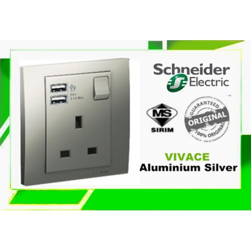 Schneider vivace switch Socket 13A c/w USB X 2 - A Silver | Shopee Malaysia