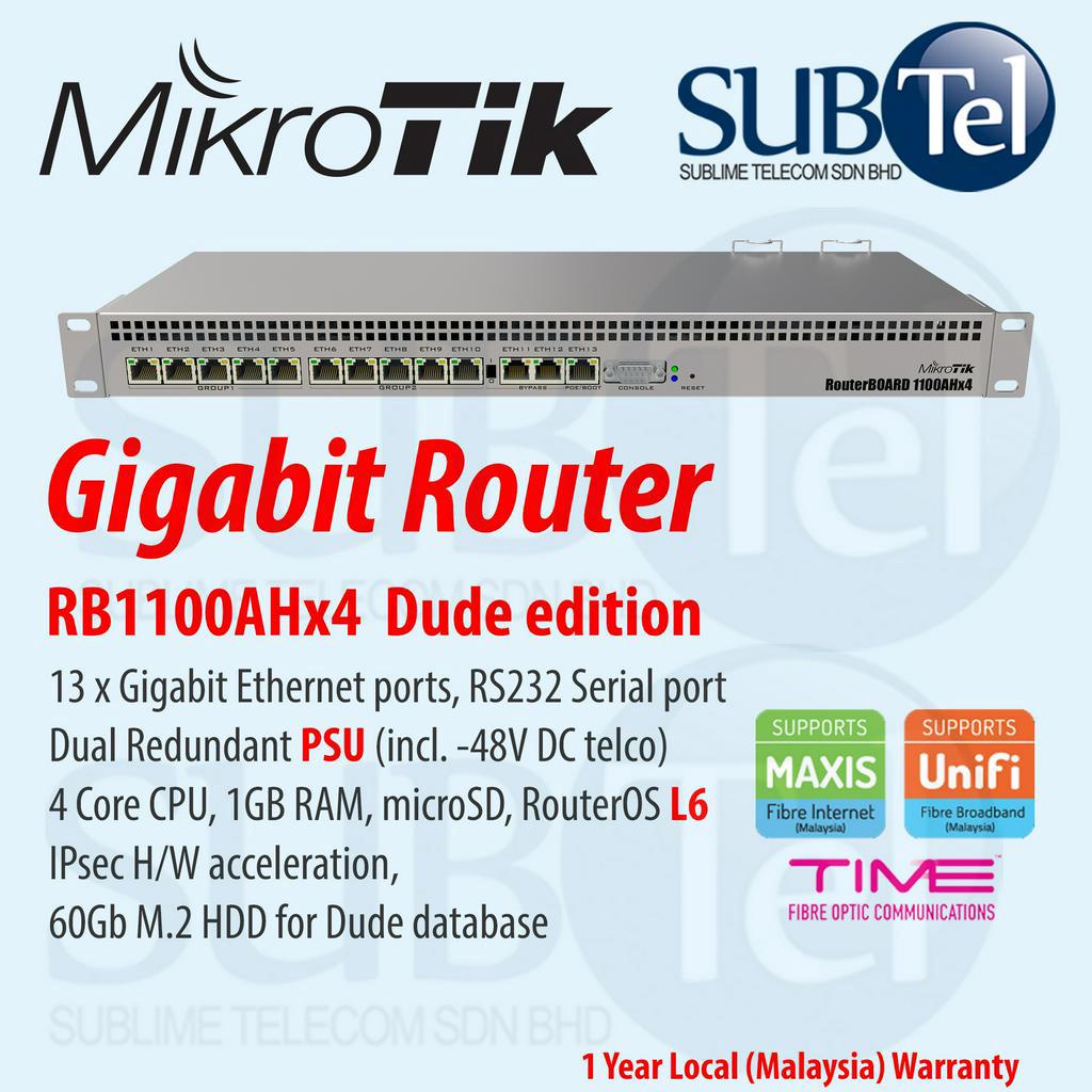 Mikrotik RB1100Dx4 Gigabit Router Dude Edition Quad Core RouterOS VPN IPSec BGP VLAN IPv6 ...