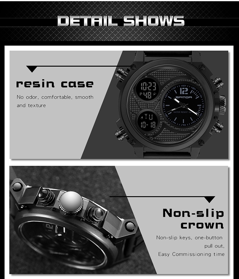 SANDA LED Sport Digital Watches 50m Waterproof Electronic Wristwatch Three Time Display Quartz ...