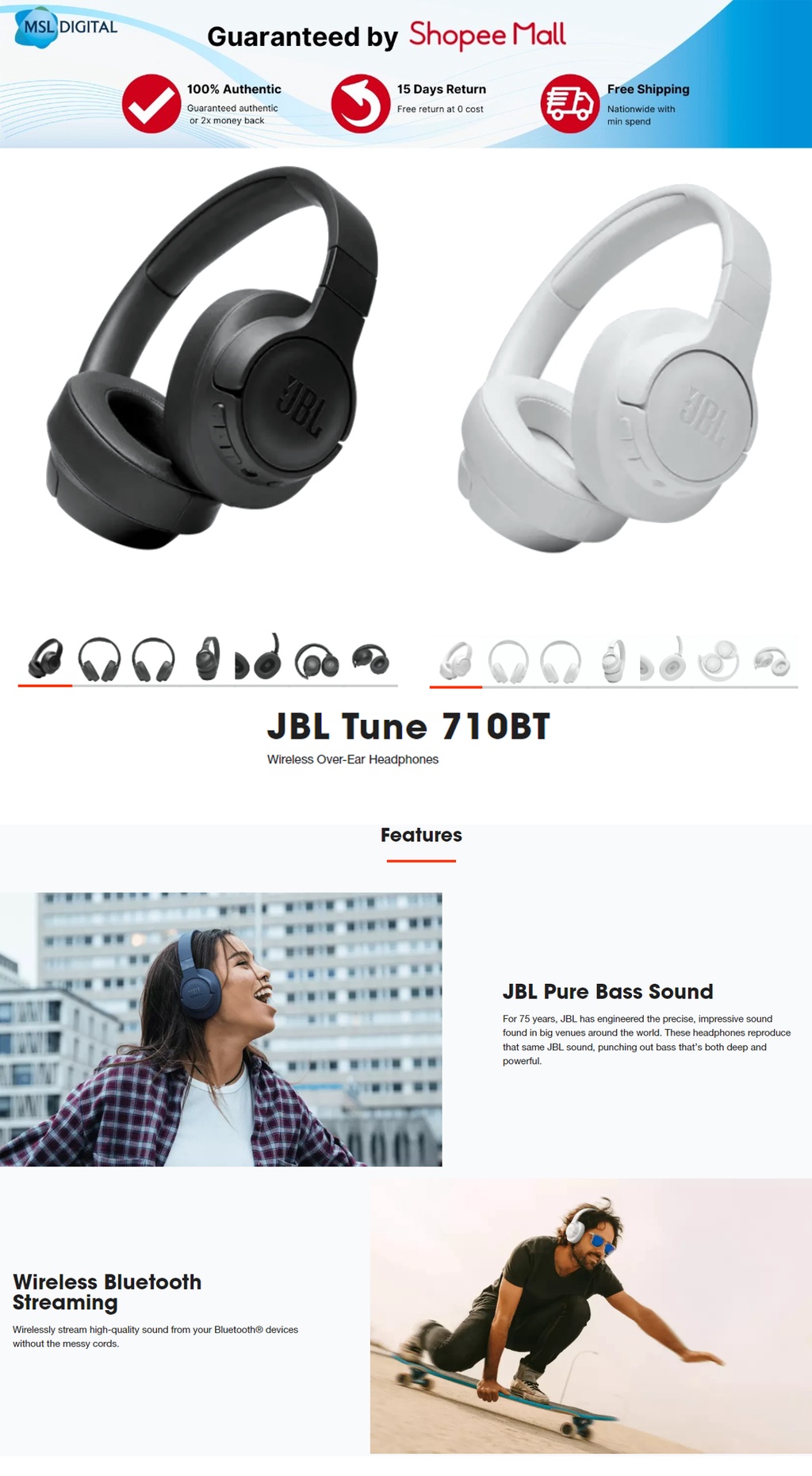 JBL Tune 710BT Wireless Over-Ear Headphones Pure Bass Lightweight ...