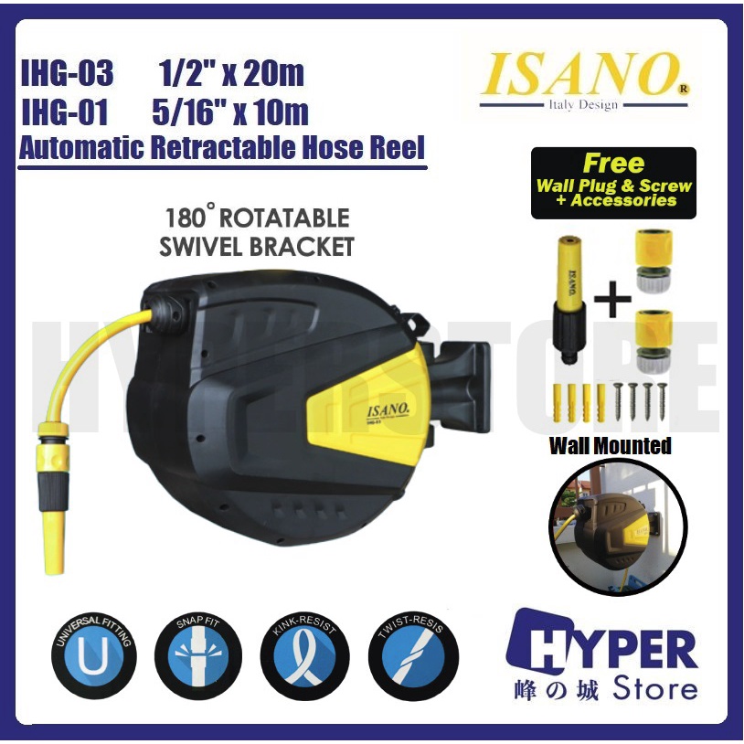ISANO 10m / 20m Automatic Retractable Hose Reel / Auto Rewind Wall ...
