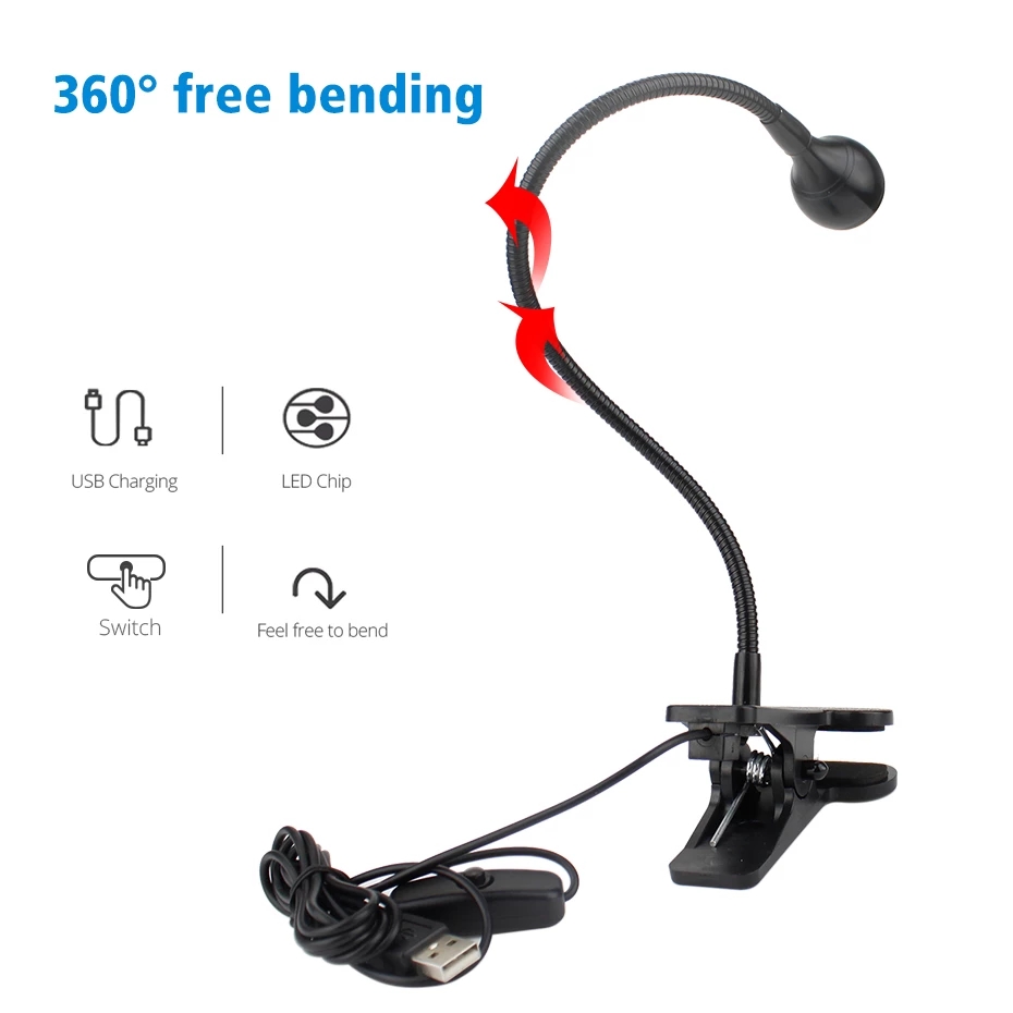 Clip-On Adjustable Flexible Gooseneck LED Book Reading Lamp / USB Operated Energy Saving Eye ...