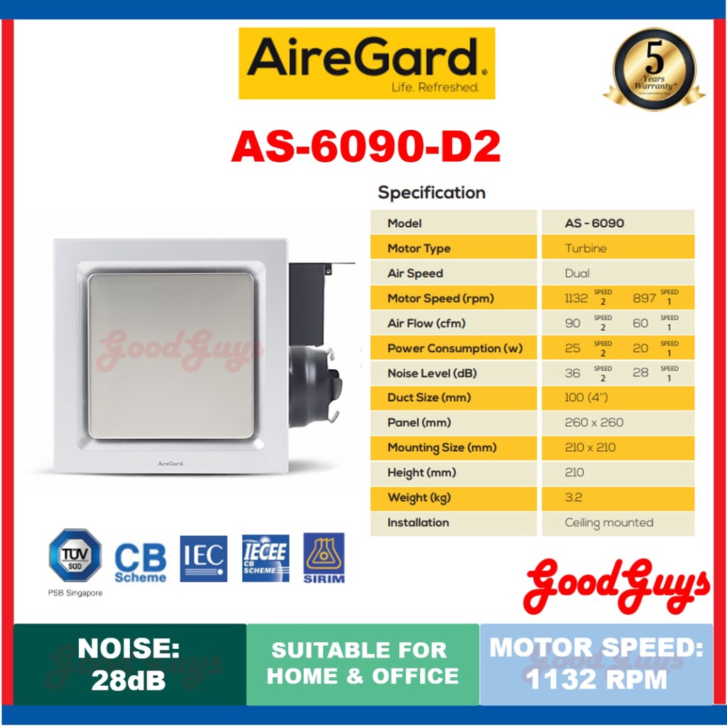 AireGard AS-6090-D2 Exhaust Fan Air Ventilator 4" / 4 Inch Silent ...