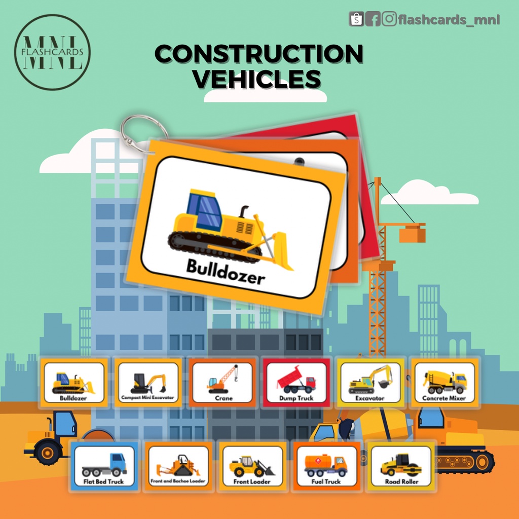 CONSTRUCTION VEHICLES FULLY LAMINATED EDUCATIONAL FLASHCARDS WITH OR ...