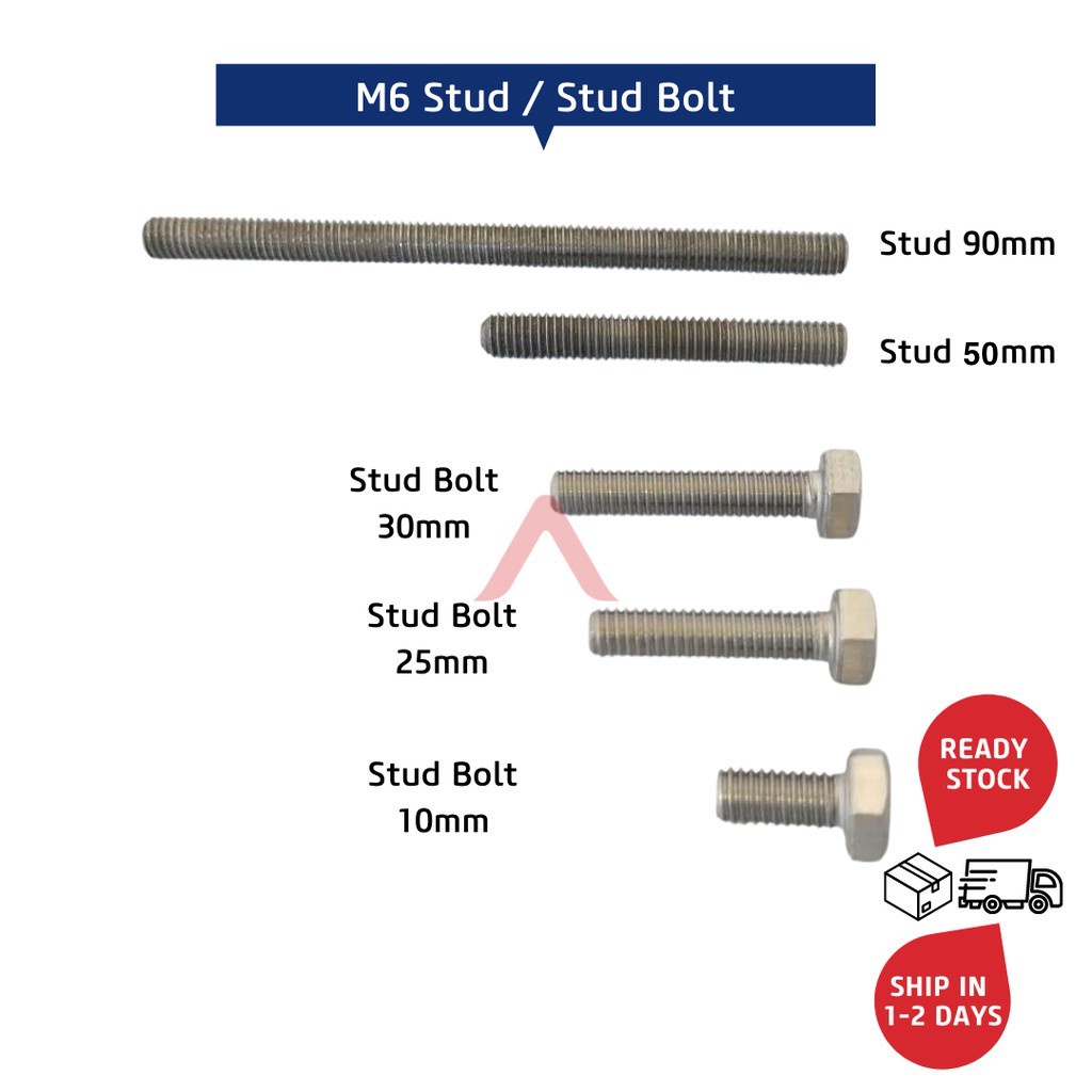 M6 304 Stainless Steel Fully Threaded Rod Bar Studs (50/90mm) / Stud Bolt (10/15/25/30mm ...