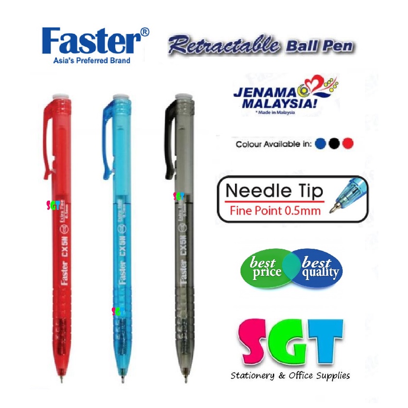 FASTER Retractable Ball Pen (BP-CX5N) 0.5mm ( Black / Blue / Red ) - 1 ...