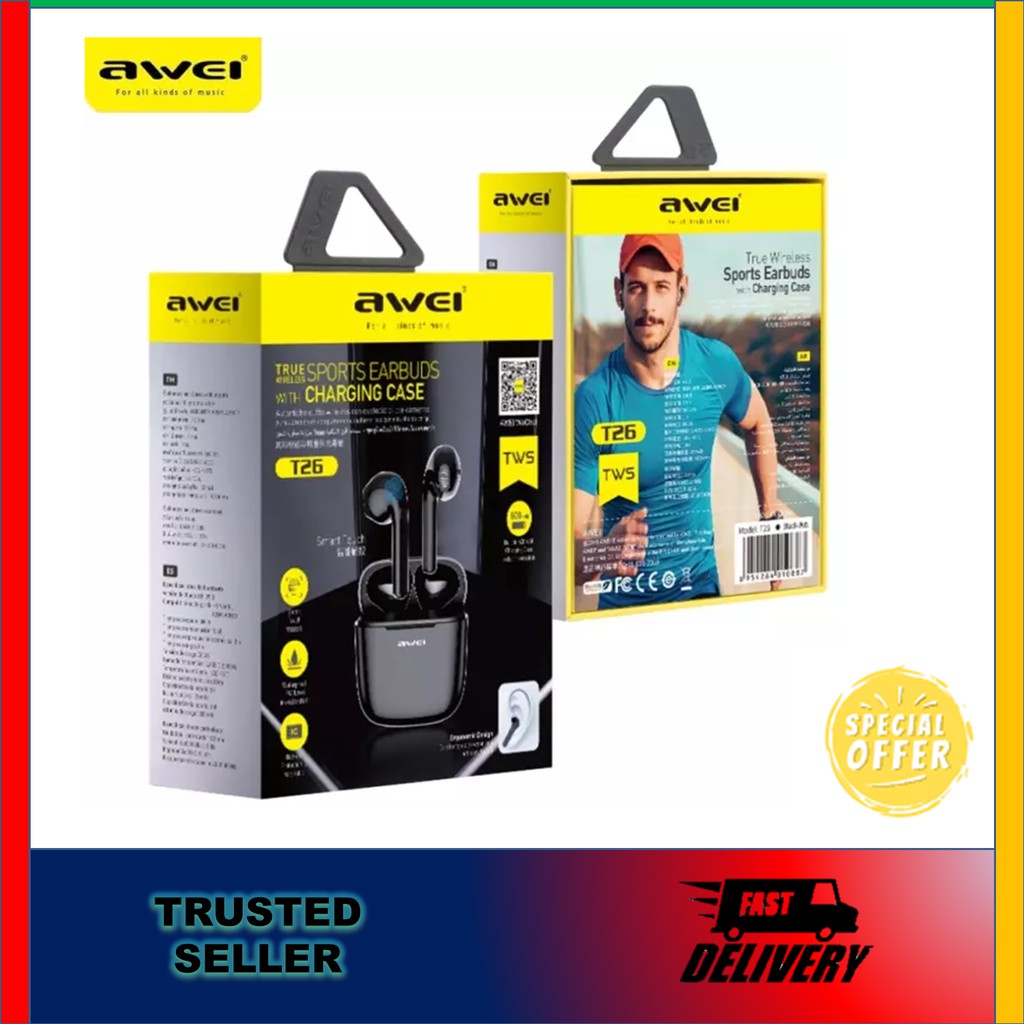 AWEI T26 WIRELESS EARBUS WITH CHARGING CASE (BLACK) | Shopee Malaysia