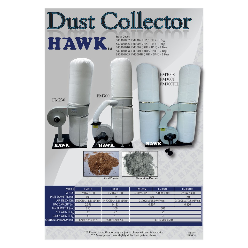 Hawk Dust Collector FM300T (3HP) & FM300TH (5HP)( 2 Bags)Wood working ...