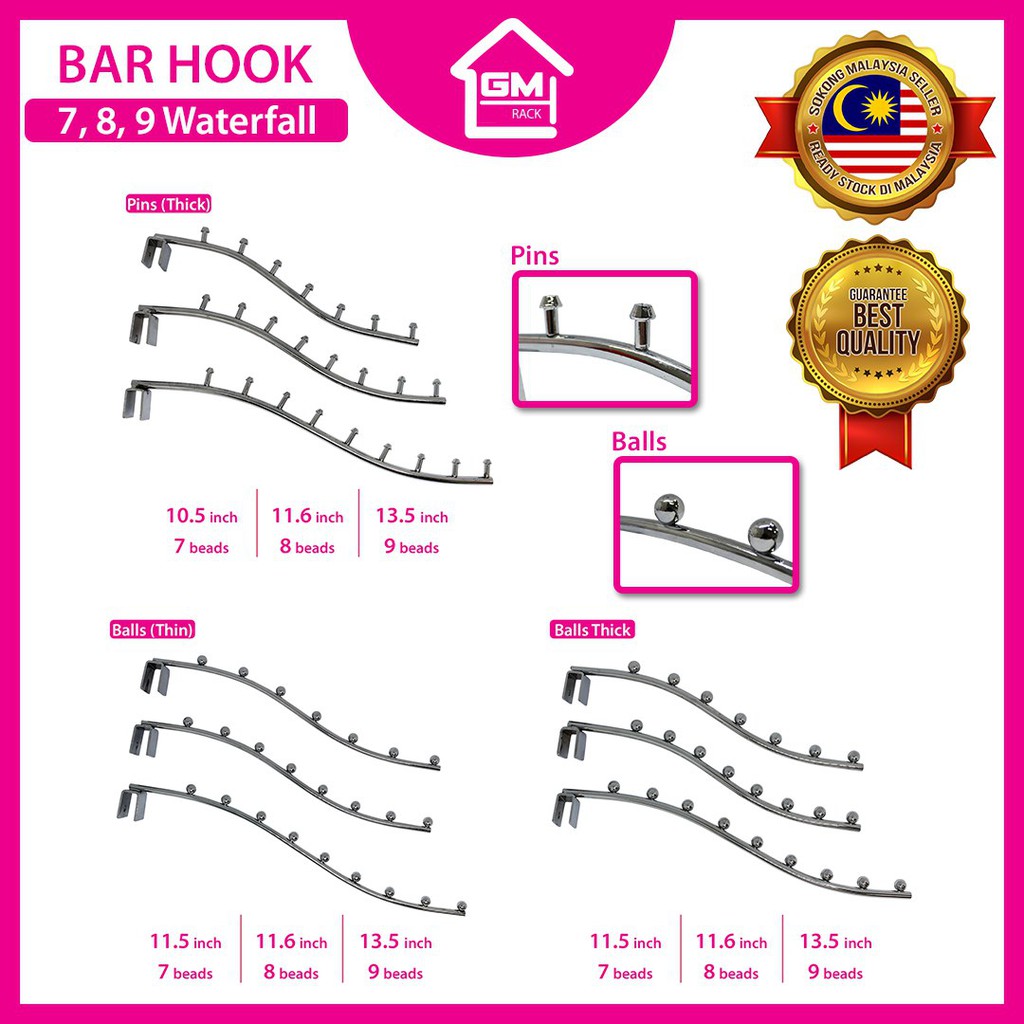 [GMRACK] HEAVYDUTY SQUARE BAR HOOK HANGER WITH BALLS STOPPER AND PIN ...