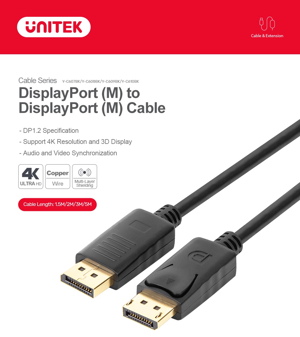 Unitek Cable Series DisplayPort 1.2 Premium Copper Wire Cable Supports ...