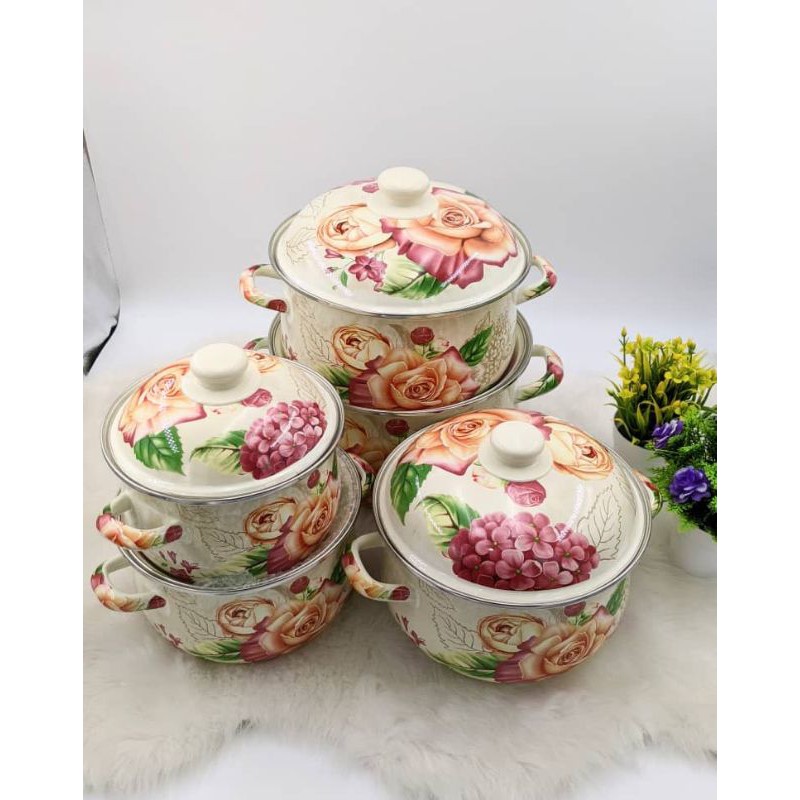 PERIUK ENAMEL, Cream Rose, PREMIUM GRED, CASSEROLE 5pcs saiz 18cm,20,22 ...
