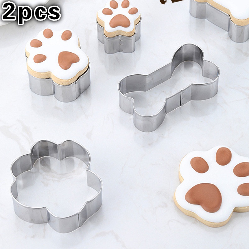 2pcs Kitchen Cookie Cutters Stainless Steel Dog Paw Bone Shape Fondant ...