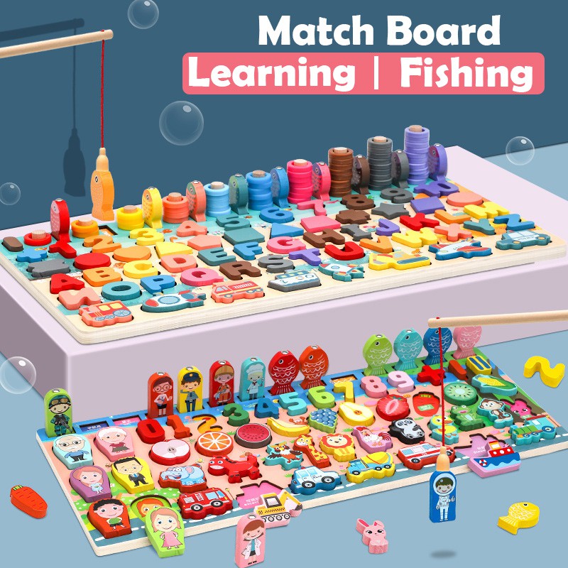 ABC 123 Magnetic Fishing Number Shape Matching Wooden Logarithmic Board ...
