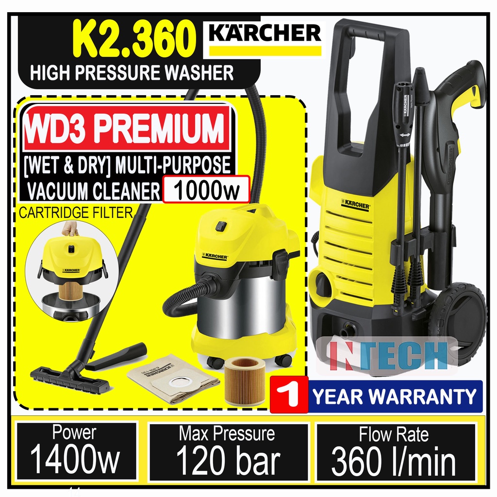 KARCHER COMBO KIT K2.360 / K2360 HIGH PRESSURE WASHER C/W WD3 PREMIUM MULTI-PURPOSE VACUUM ...