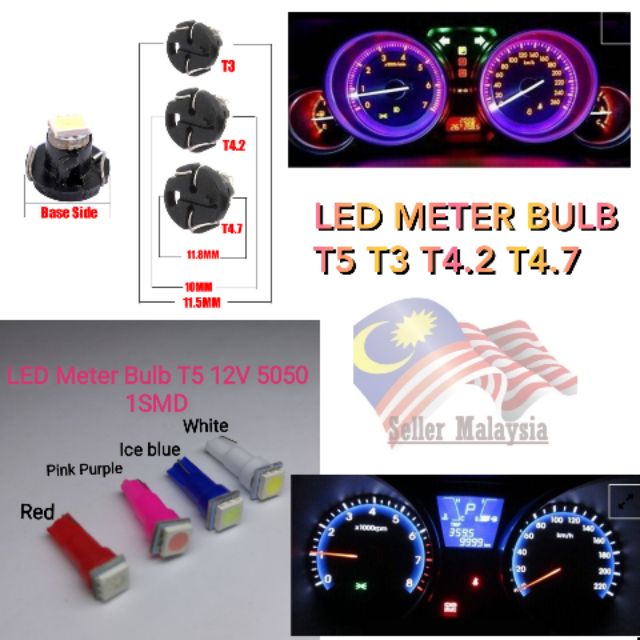 LED Meter Bulb T3 T5 T4.2 T4.7 B8.5D 1SMD 5050 air-cond bulb interior ...