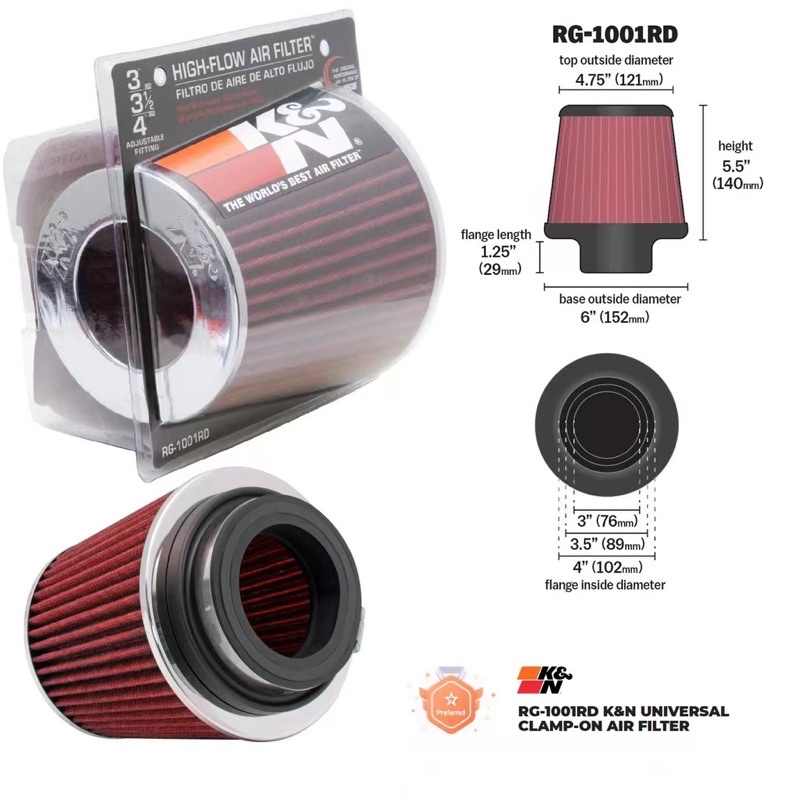 Original K&N Universal Air Filter RG-1001RD / RG-1001BL Open Pod (3", 3 ...